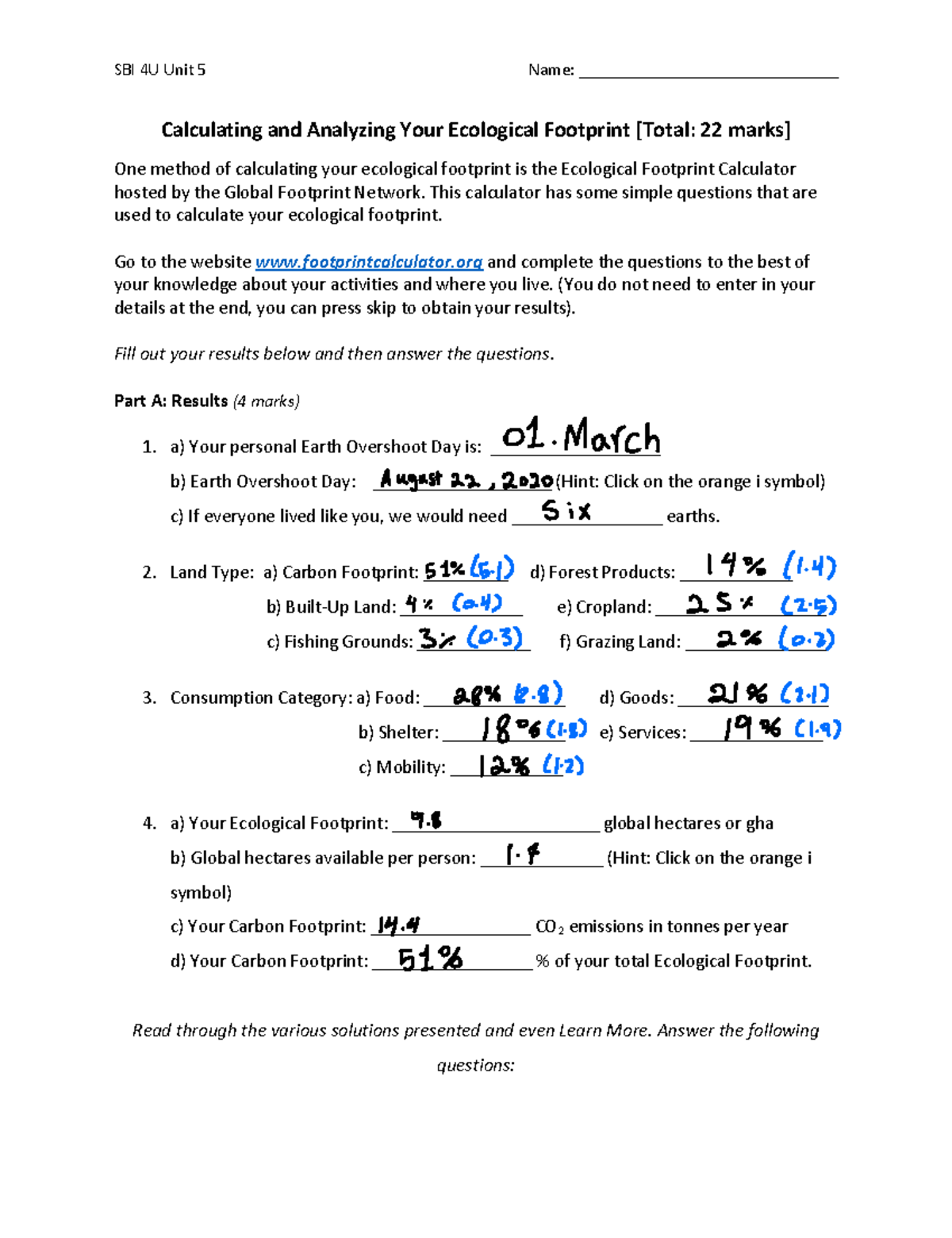 Ecological Footprint Assignment - SBI 4U Unit 5 Name ...