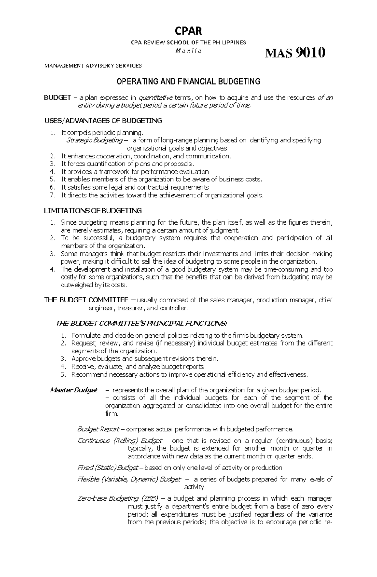 [CPAR] Management Advisory Services - Budgeting Overview & Exercises ...