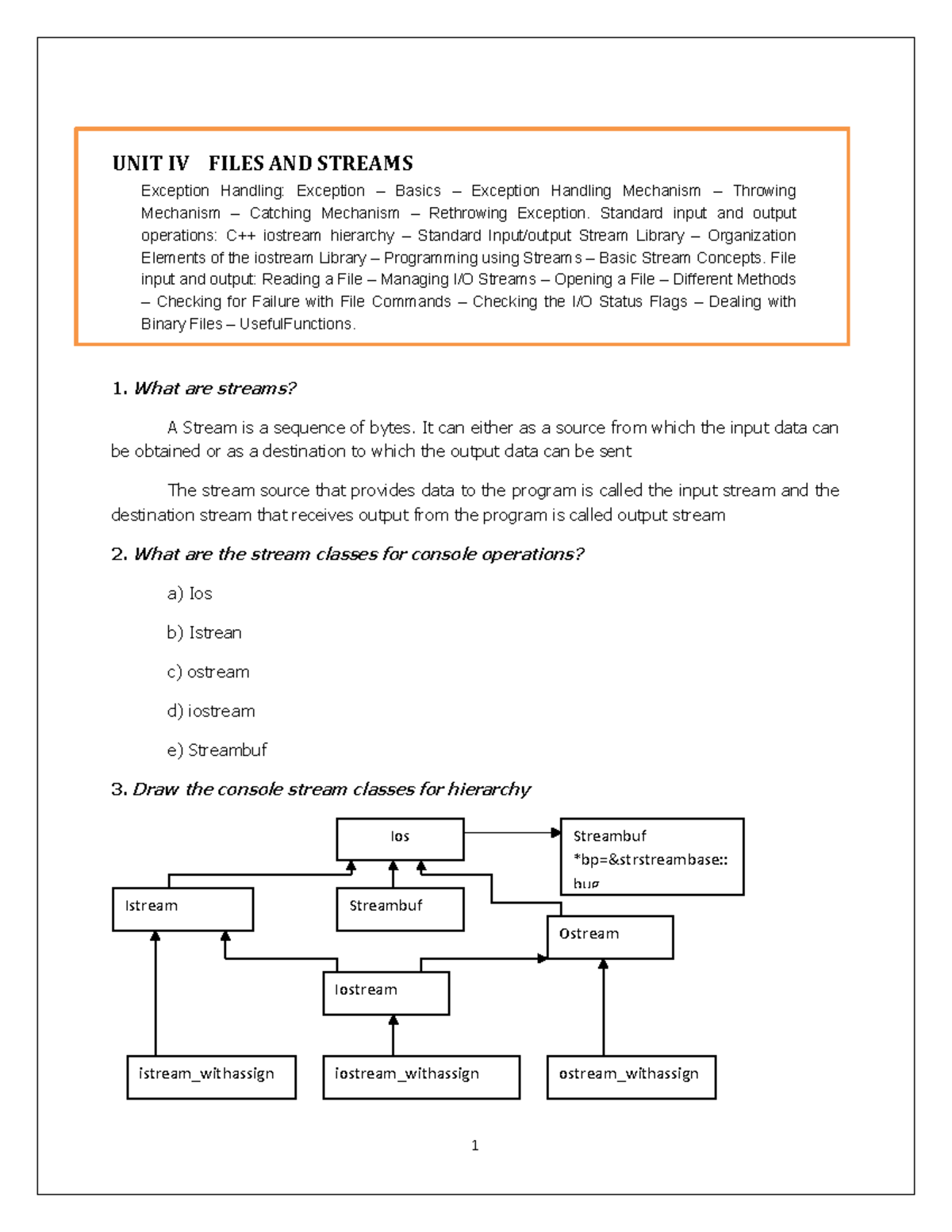 C++ Unit IV - Files and Streams Notes and Concepts - Studocu