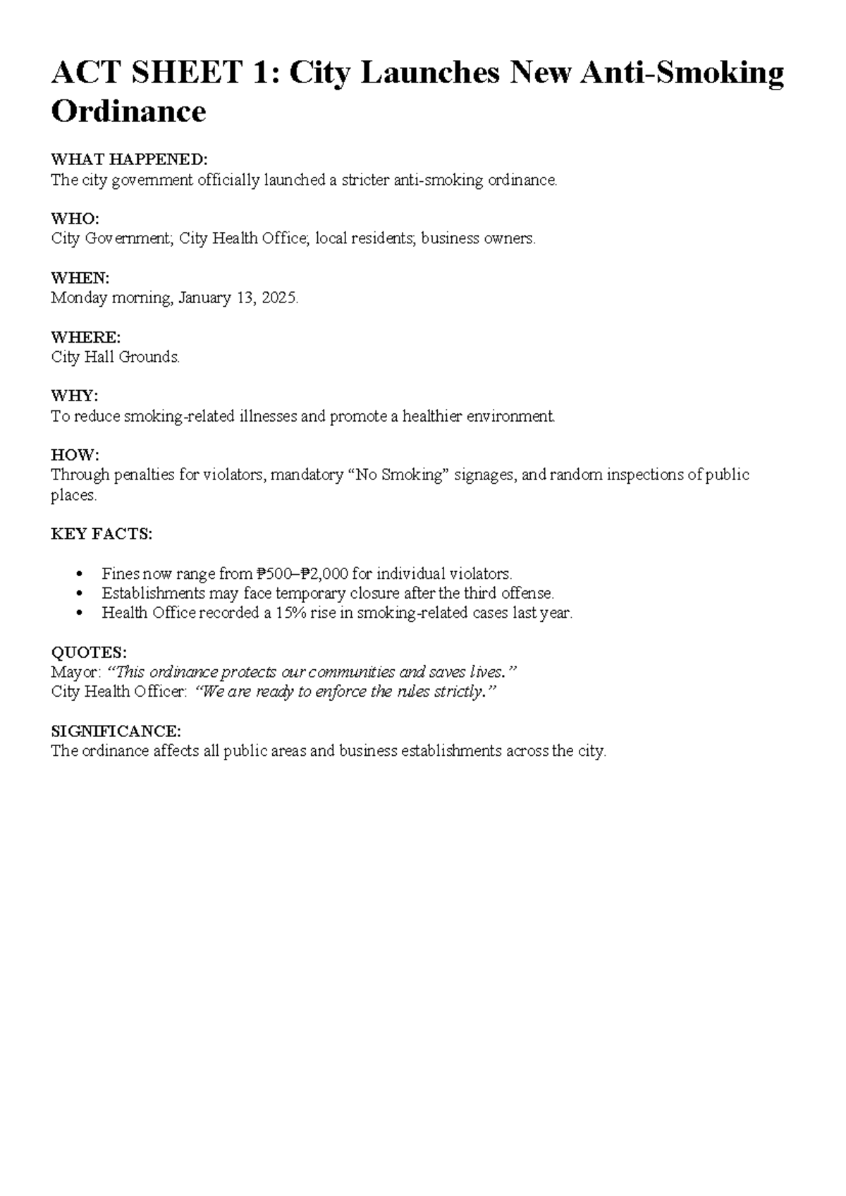 ACT SHEET 1: City Ordinance Launch and Community Impact - Studocu