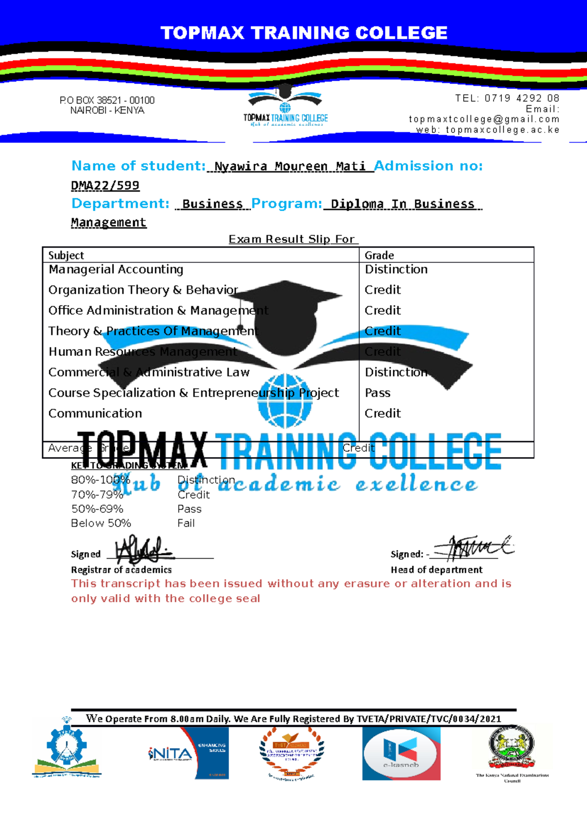 DMA22 Final Exam Result Slip for Business Management Students - Studocu