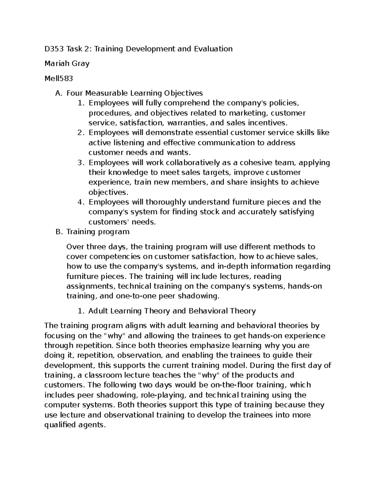 D353 Task 2 Mariah updated - D353 Task 2: Training Development and ...
