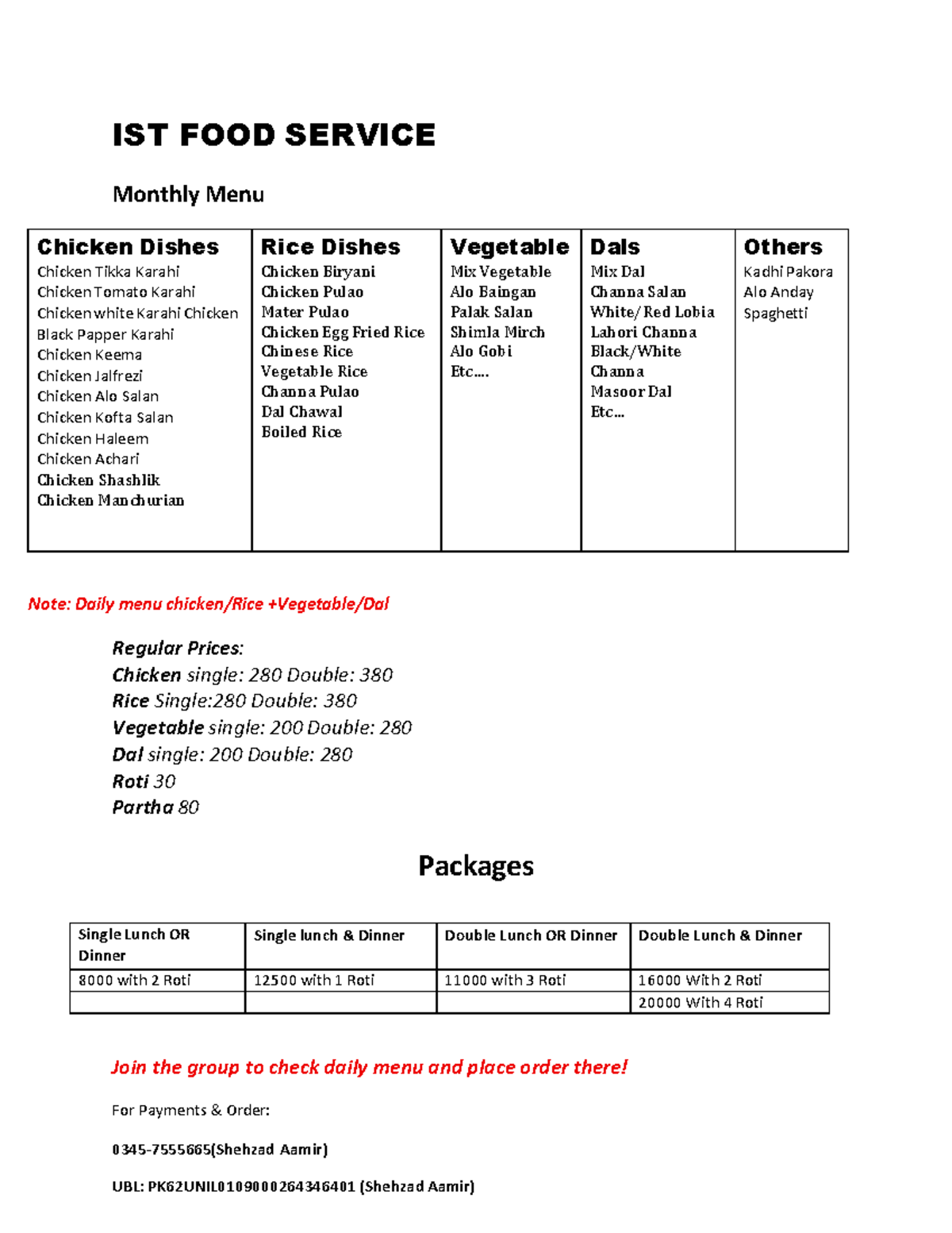 IST FOOD SERVICE Monthly Menu: Chicken, Rice, Veg & Dals - Studocu