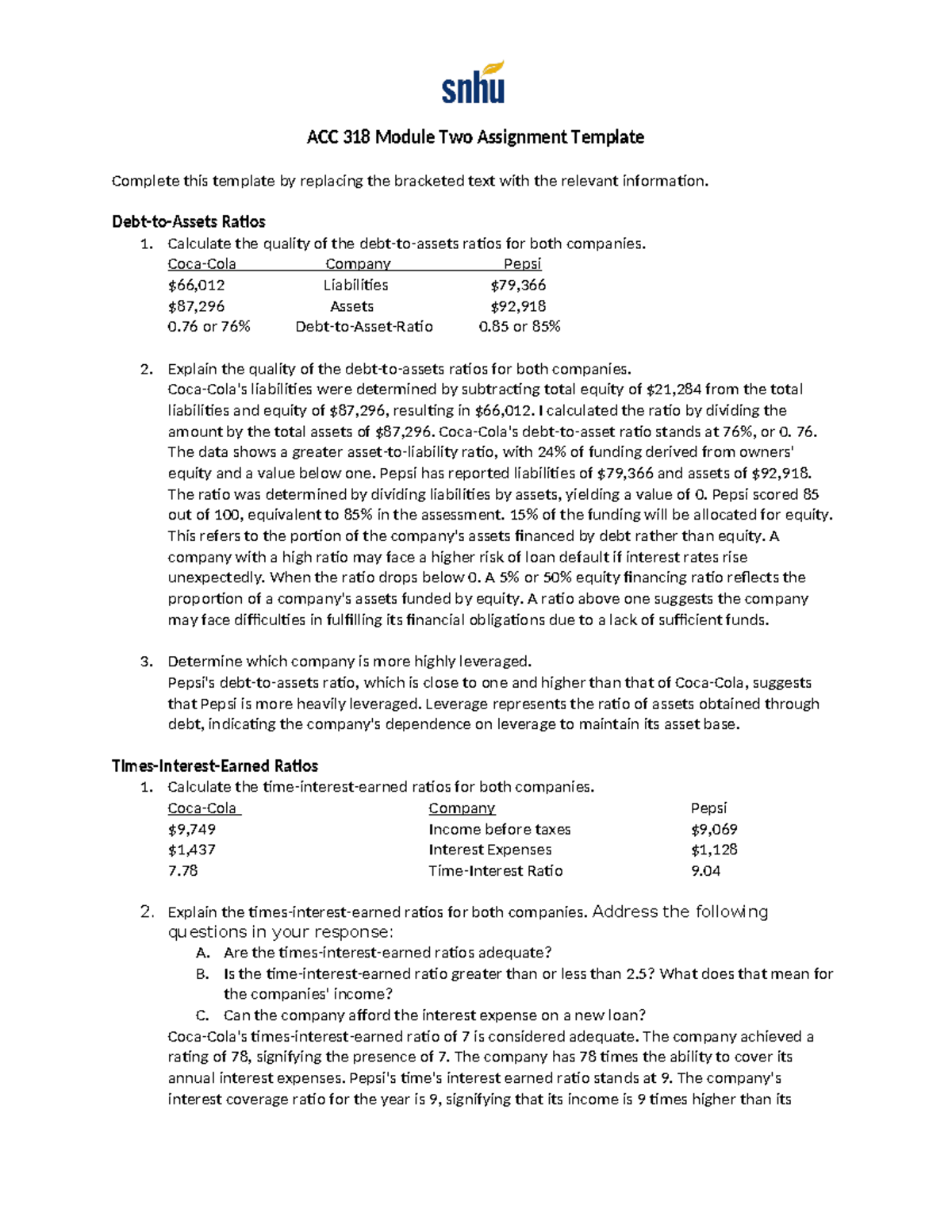 ACC 318 Module Two Assignment - Debt-to-Assets Ratios 1. Calculate the ...