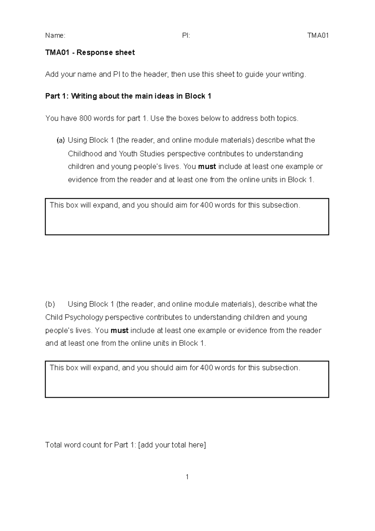TMA01 24J Response Sheet for Childhood and Youth Studies Analysis - Studocu