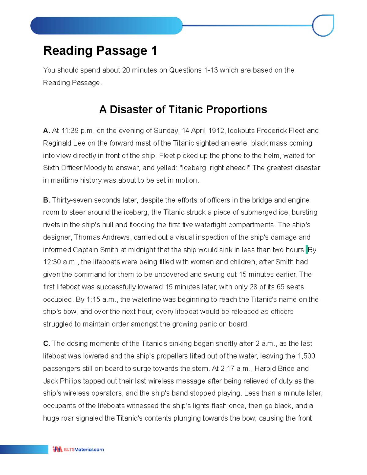 A Disaster of Titanic Proportions: Reading Passage Analysis - Studocu