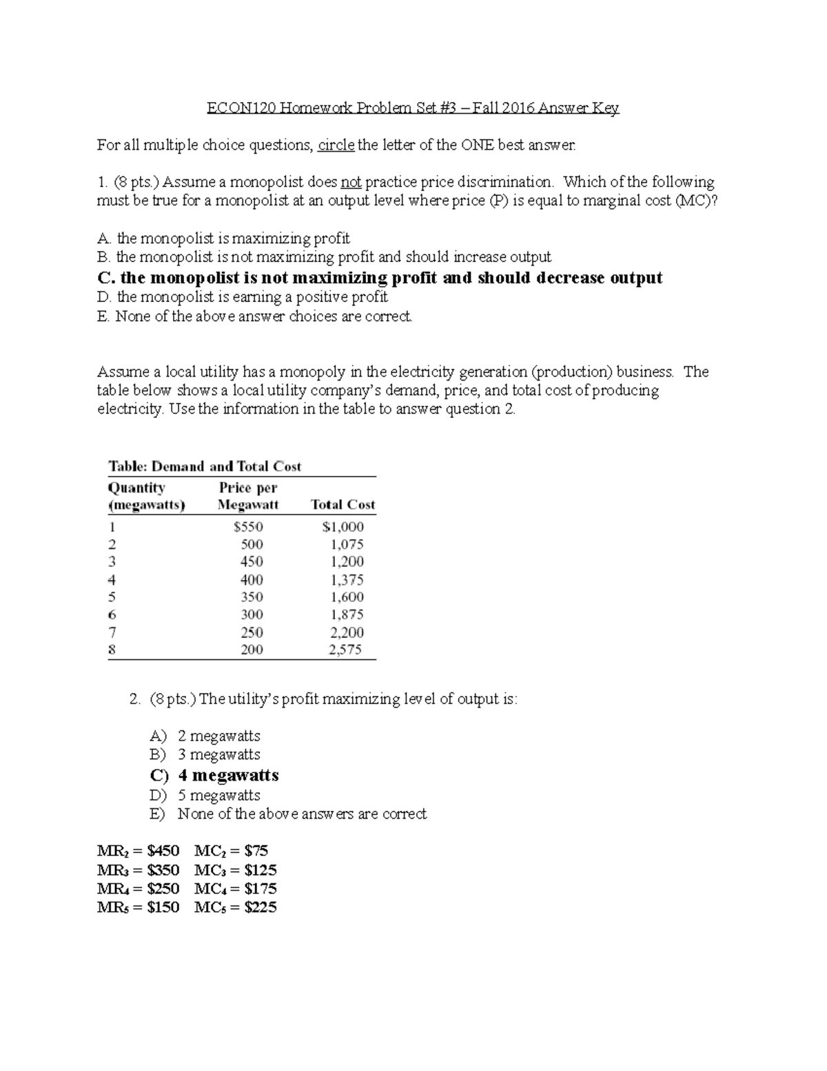 Homework Problem Set#3Fall2016 Answer Key - ECON120 Homework Problem ...