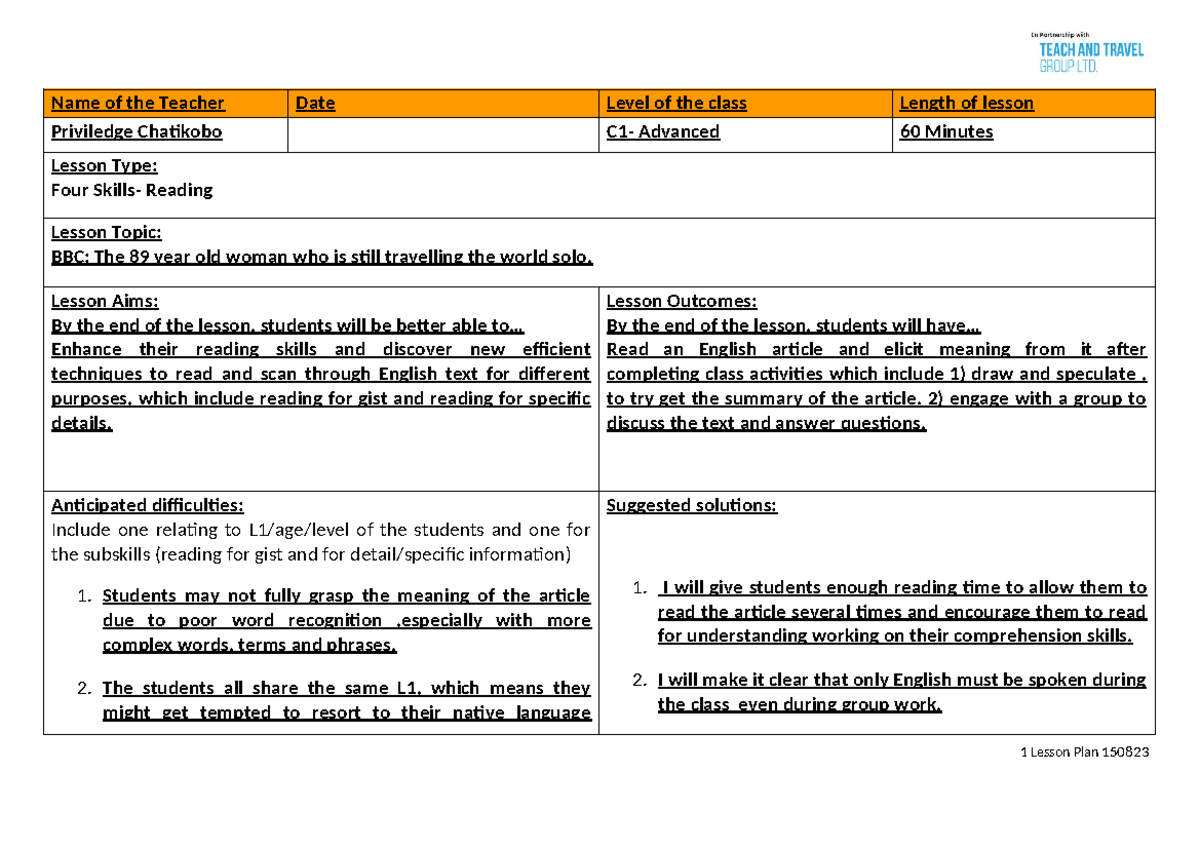 Advanced English Lesson Plan: Reading Skills on BBC Article (150823 ...