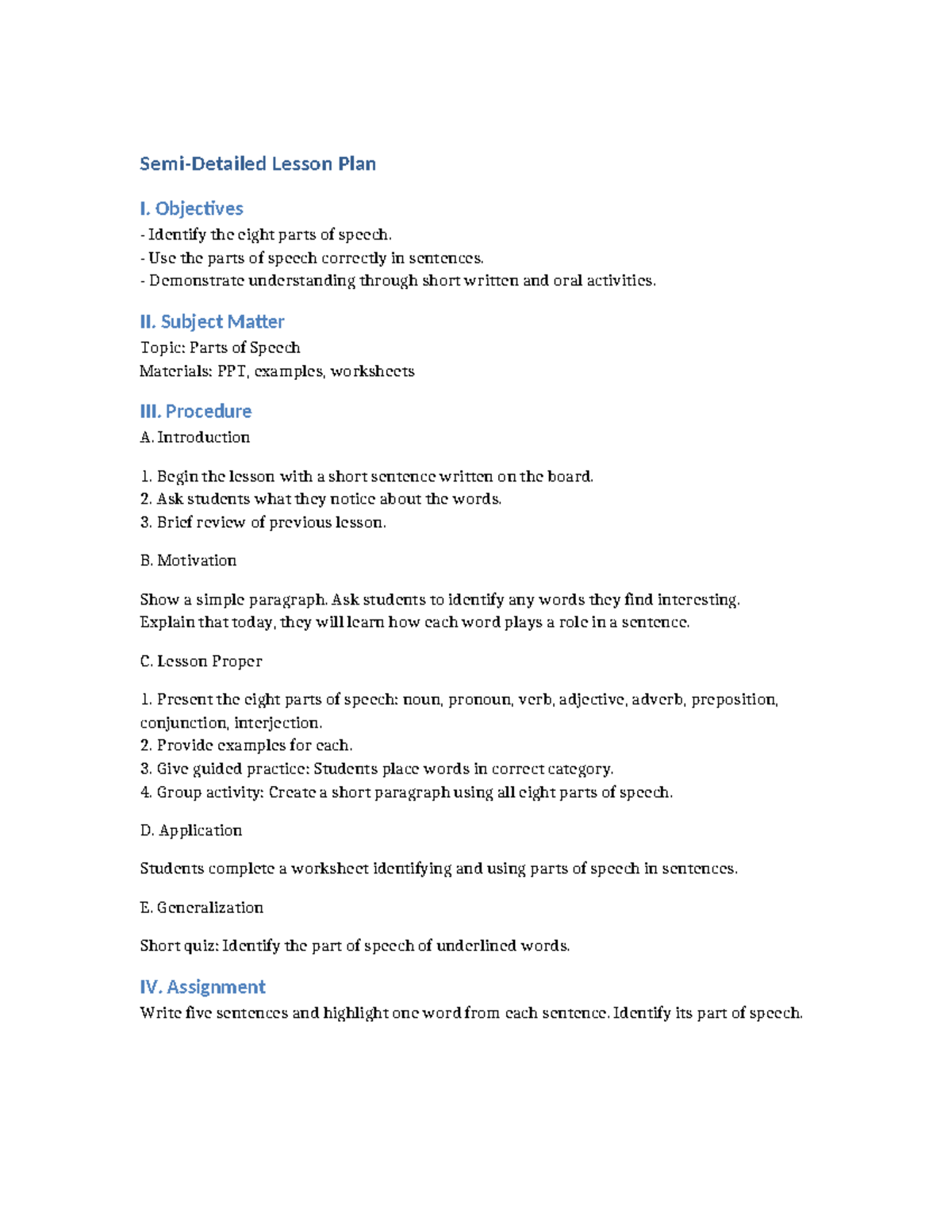 Semi-Detailed Lesson Plan: Parts of Speech Overview - Studocu