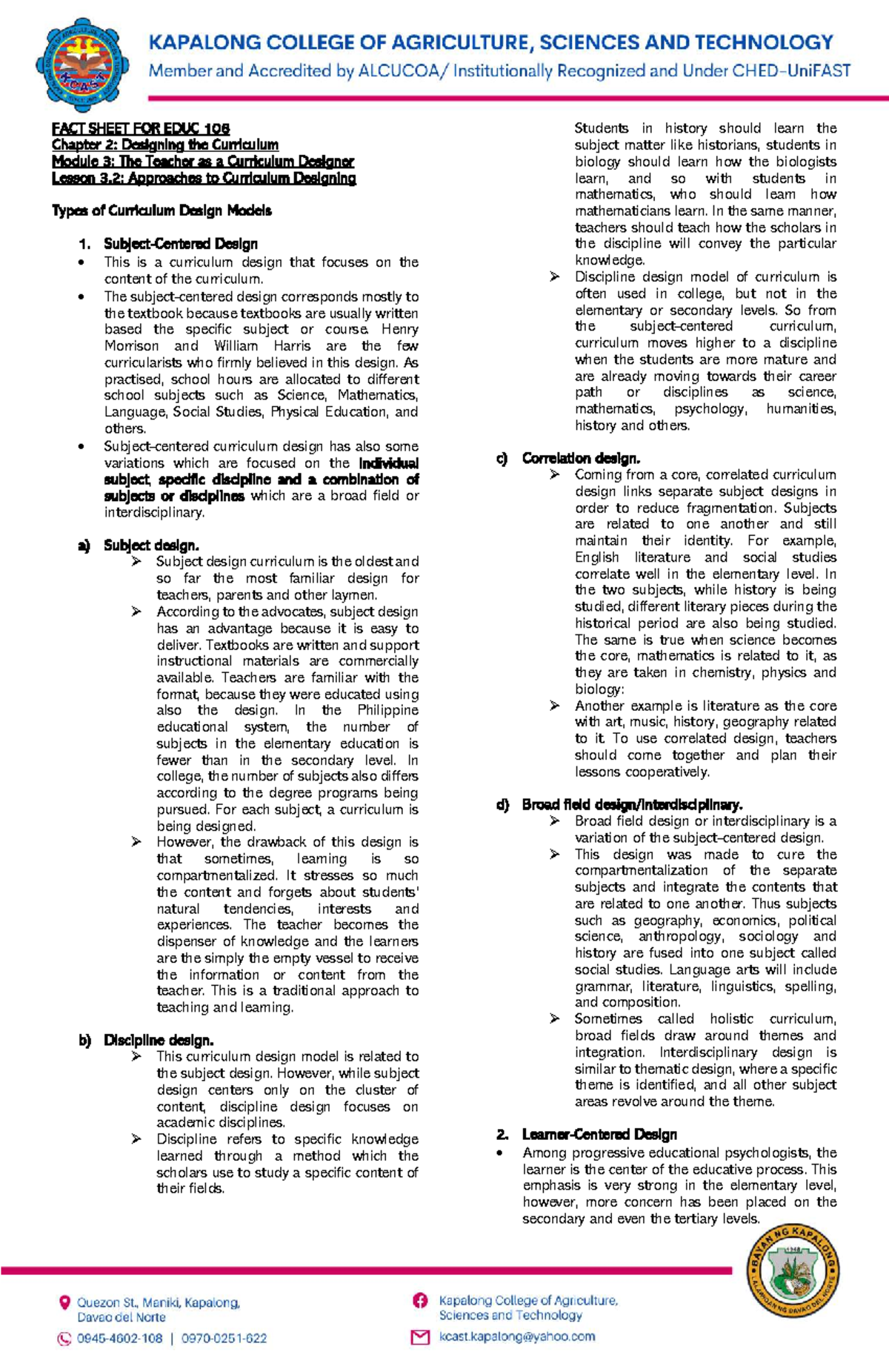 EDUC 106 Fact Sheet #3: Curriculum Design Models Overview and Insights ...