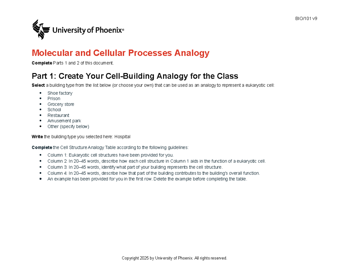 Bio101 v9 Week 2: Molecular & Cellular Processes Analogy - Studocu