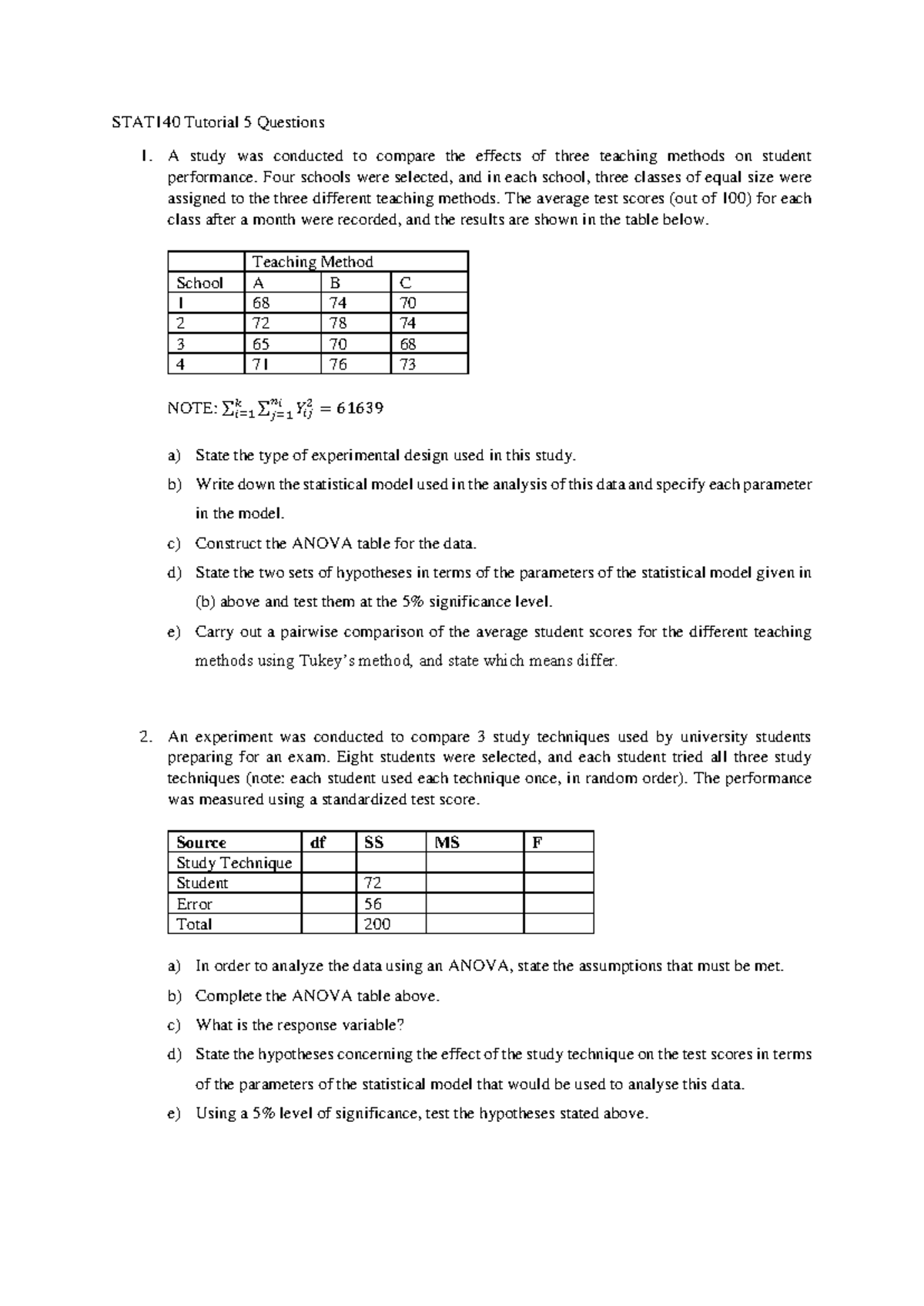 STAT140 Tutorial 5: Teaching Methods & ANOVA Analysis - Studocu