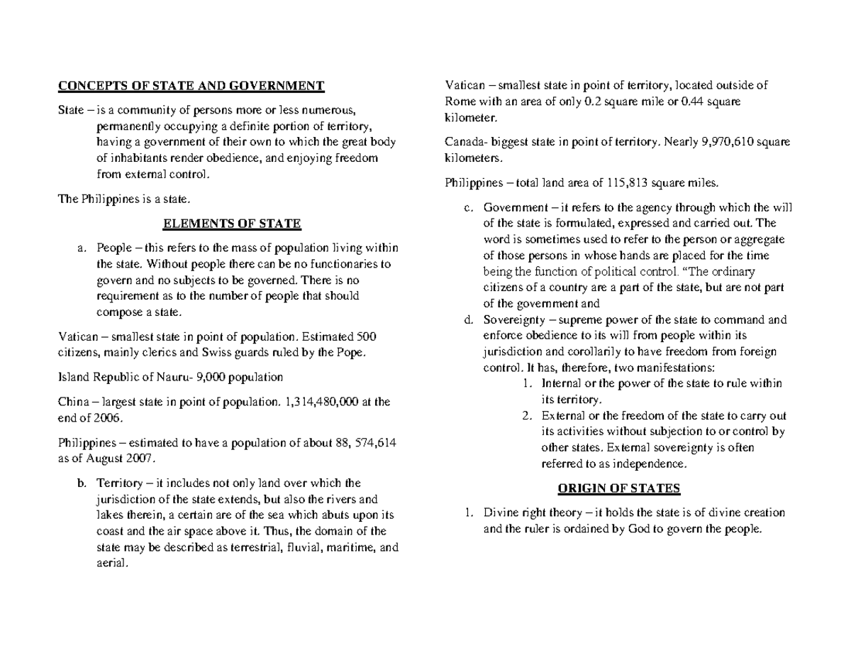 State - Lecture notes 1 - CONCEPTS OF STATE AND GOVERNMENT State – is a ...