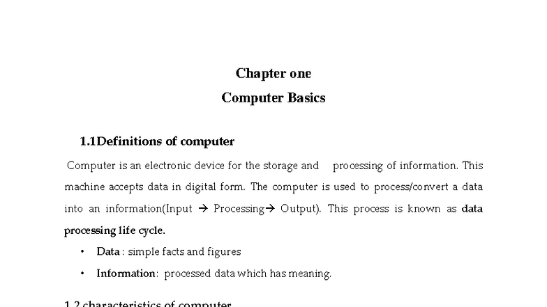 Chapter 1: Computer Basics - Definitions, Characteristics & Types - Studocu