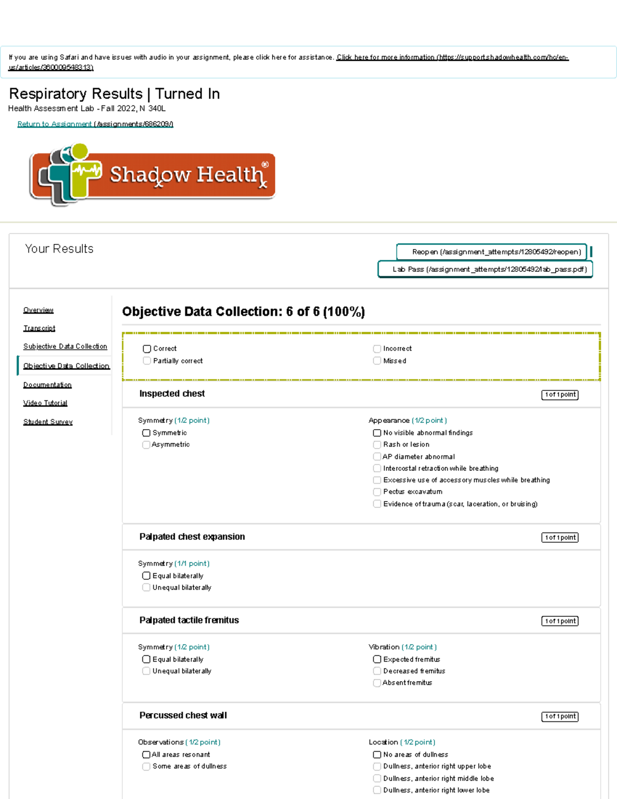 Shadow Health respiration objective - Respiratory Results | Turned In ...