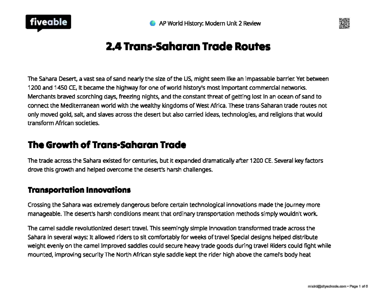 Trans-Saharan Trade Routes Study Guide - AP World History - Studocu