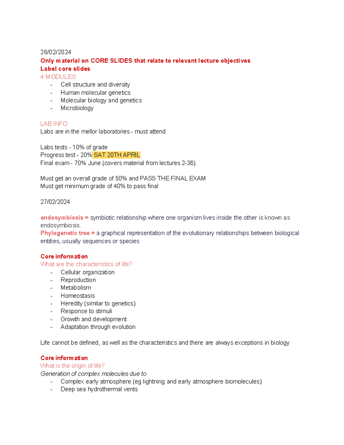 Cells 191 - notes from lectures - 26/02/ Only material on CORE SLIDES ...