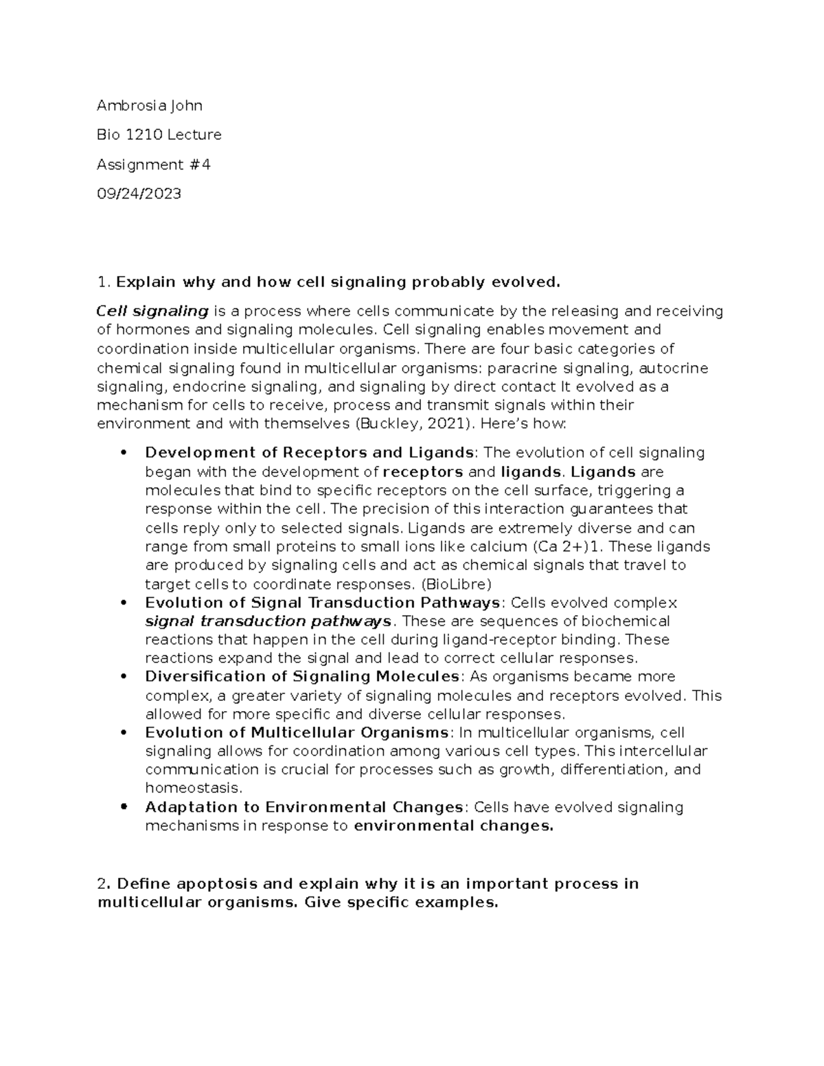 Bio 1210 Written Assignment #4: Cell Signaling, Apoptosis, and Cell ...