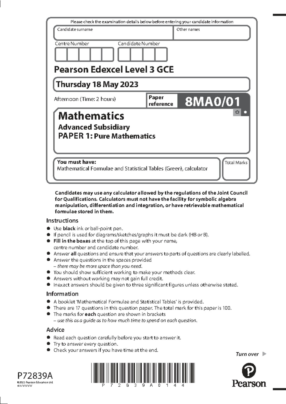 Mathematics AS Level Exam Paper 1: Pure Mathematics (P72839A) - Studocu