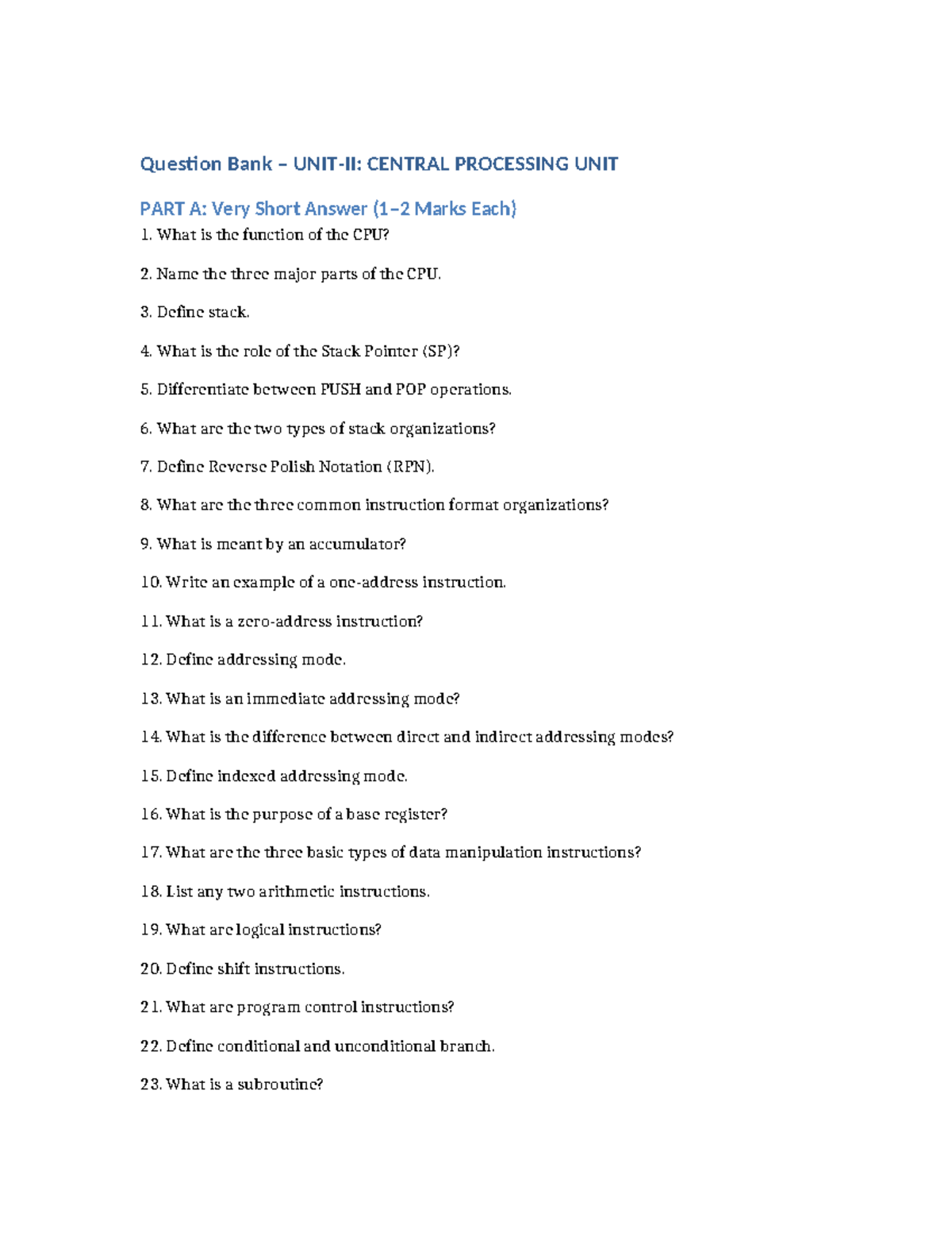 UNIT II CPU Question Bank: Short and Very Short Answers - Studocu