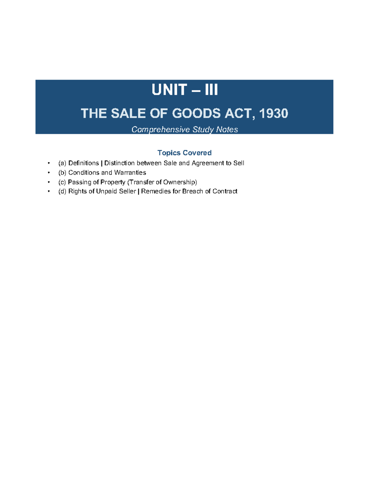 Sales of Goods Act, 1930: Comprehensive Study Notes (Unit 3) - Studocu