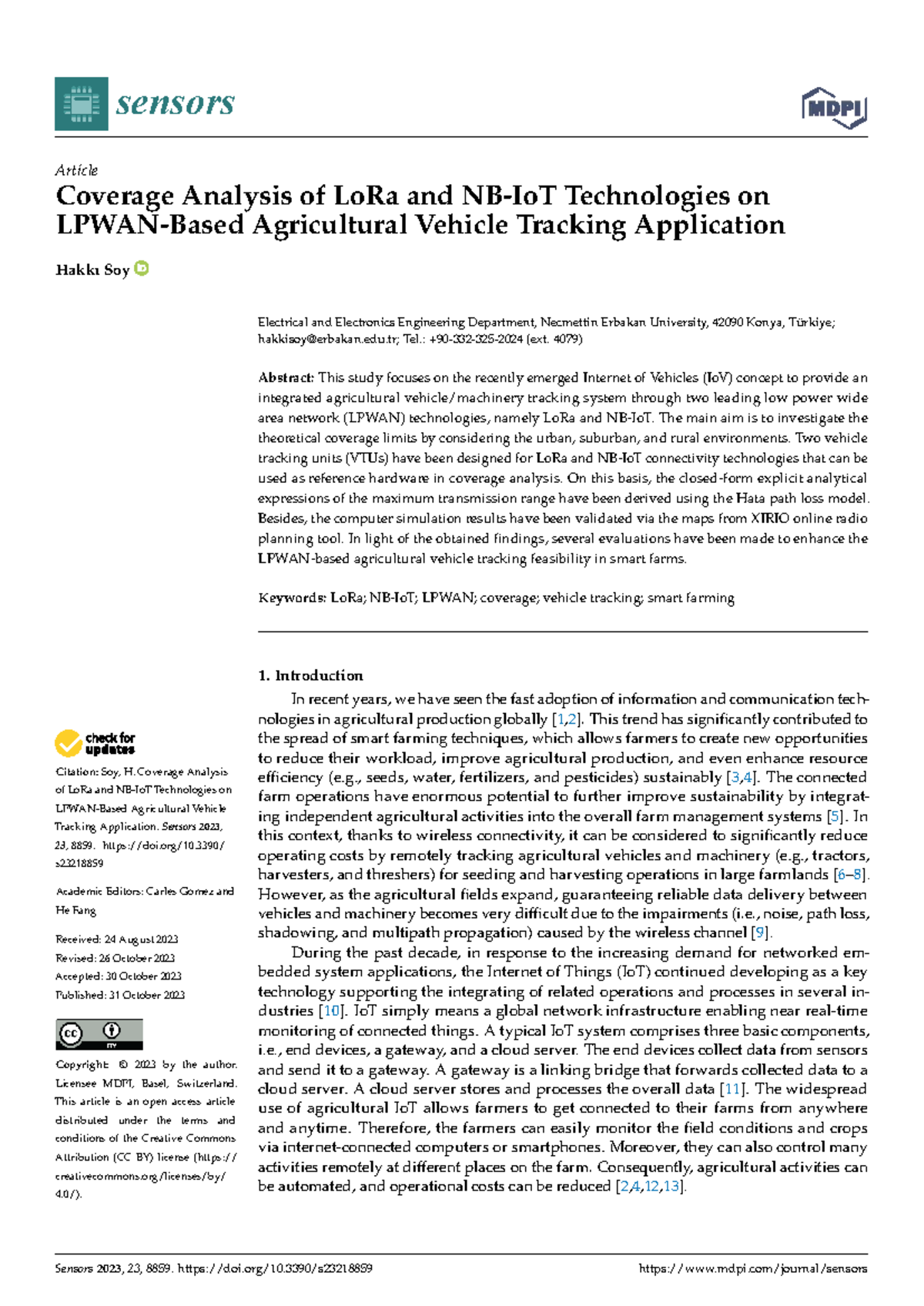 Coverage Analysis of LoRa and NB-IoT for Agri Vehicle Tracking (EE-2023 ...