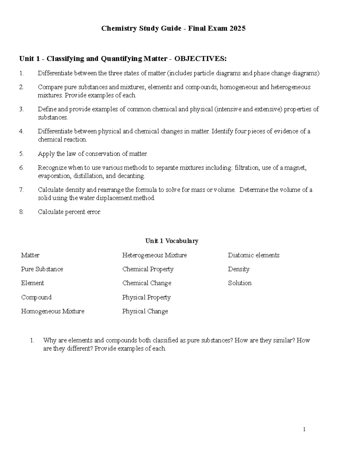 Chemistry Study Guide - Final Exam 2025: Units 1-5 Overview - Studocu