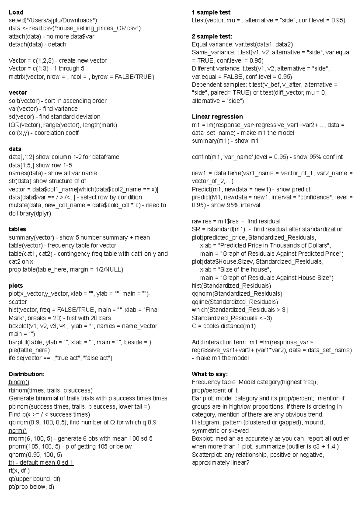 ST1131 Cheat Sheet: Data Analysis & Statistical Functions - Studocu