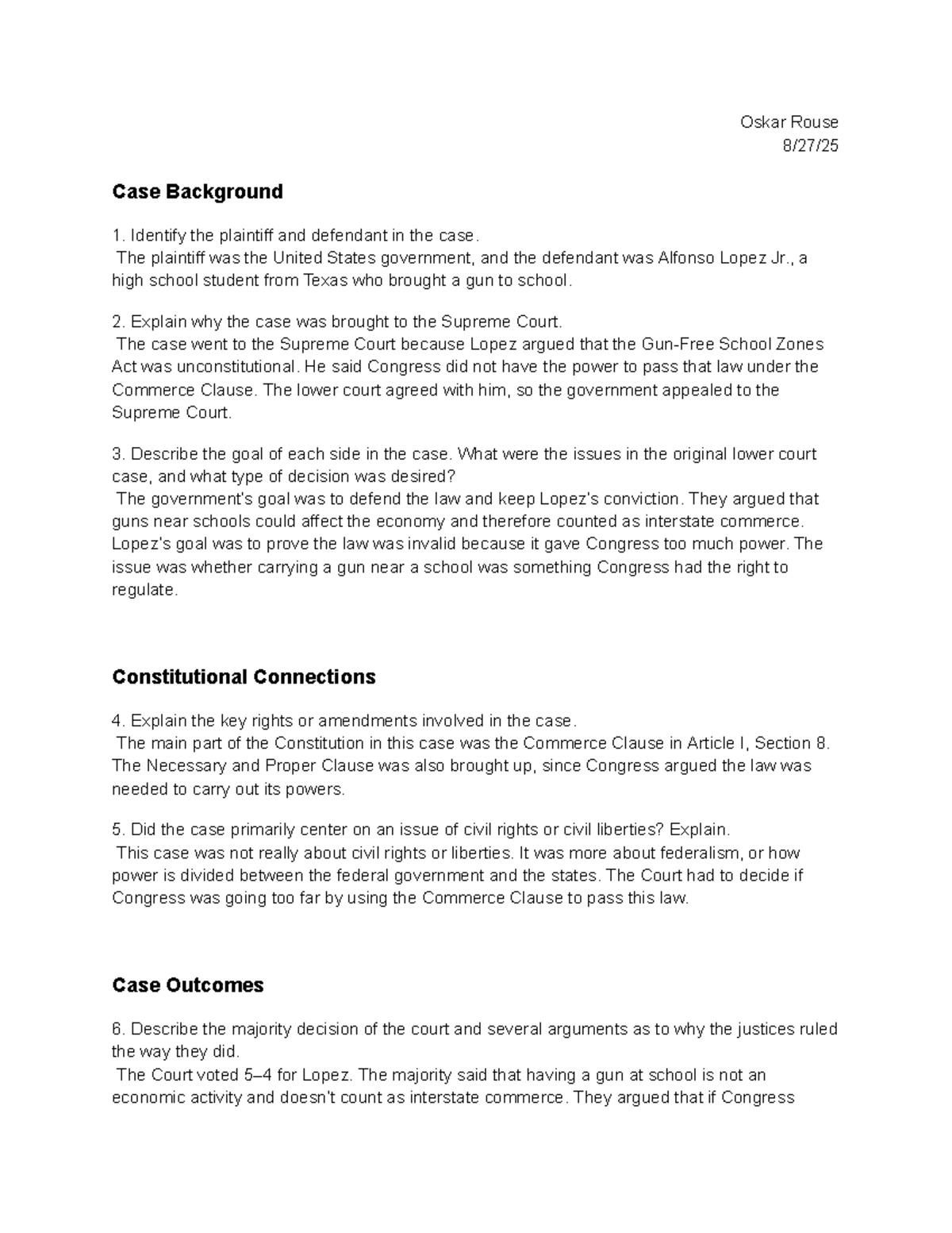 Case Background: United States v. Lopez (1995) Analysis - Studocu