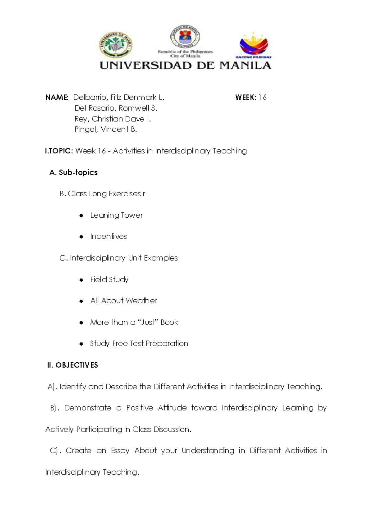 W16: Activities in Interdisciplinary Teaching - Integrative Topic ...