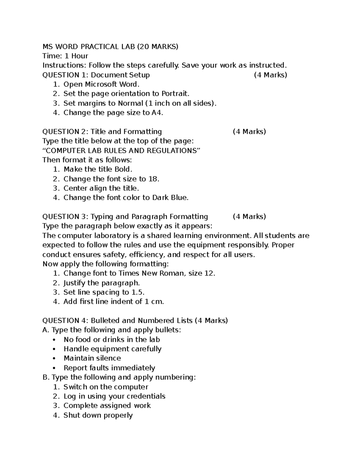MS WORD PRACTICAL LAB (20 MARKS) - Step-by-Step Guide - Studocu
