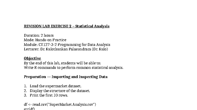 PDA 202 - Revision Lab Exercise 2: Statistical Analysis Practice - Studocu