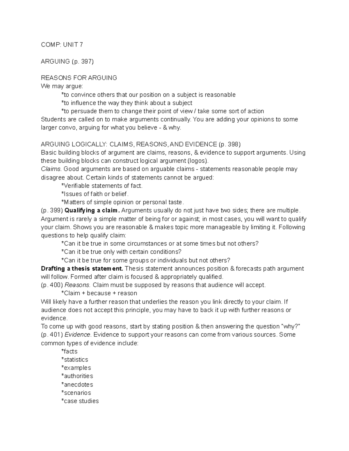 COMP UNIT 7 - Reading notes for Unit 7 for College Composition I, for ...