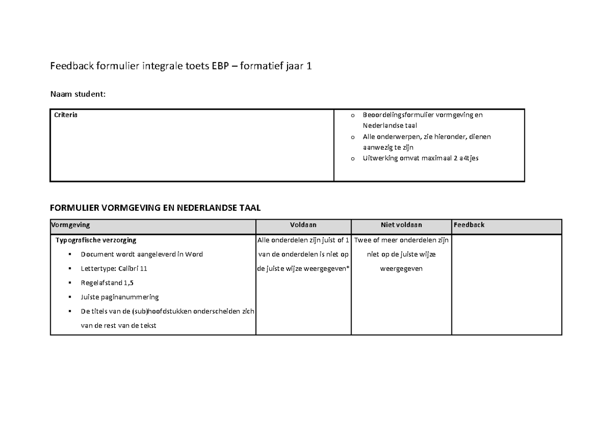 Feedback Formulier Integrale Toets EBP 1 - Formatief Jaar 1 - Studeersnel