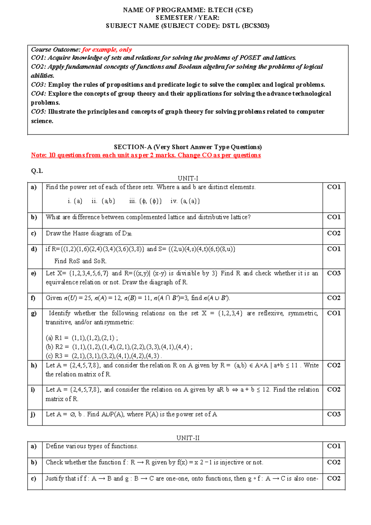 DSTL (BCS303) Question Bank for B.Tech CSE Course - All Units - Studocu