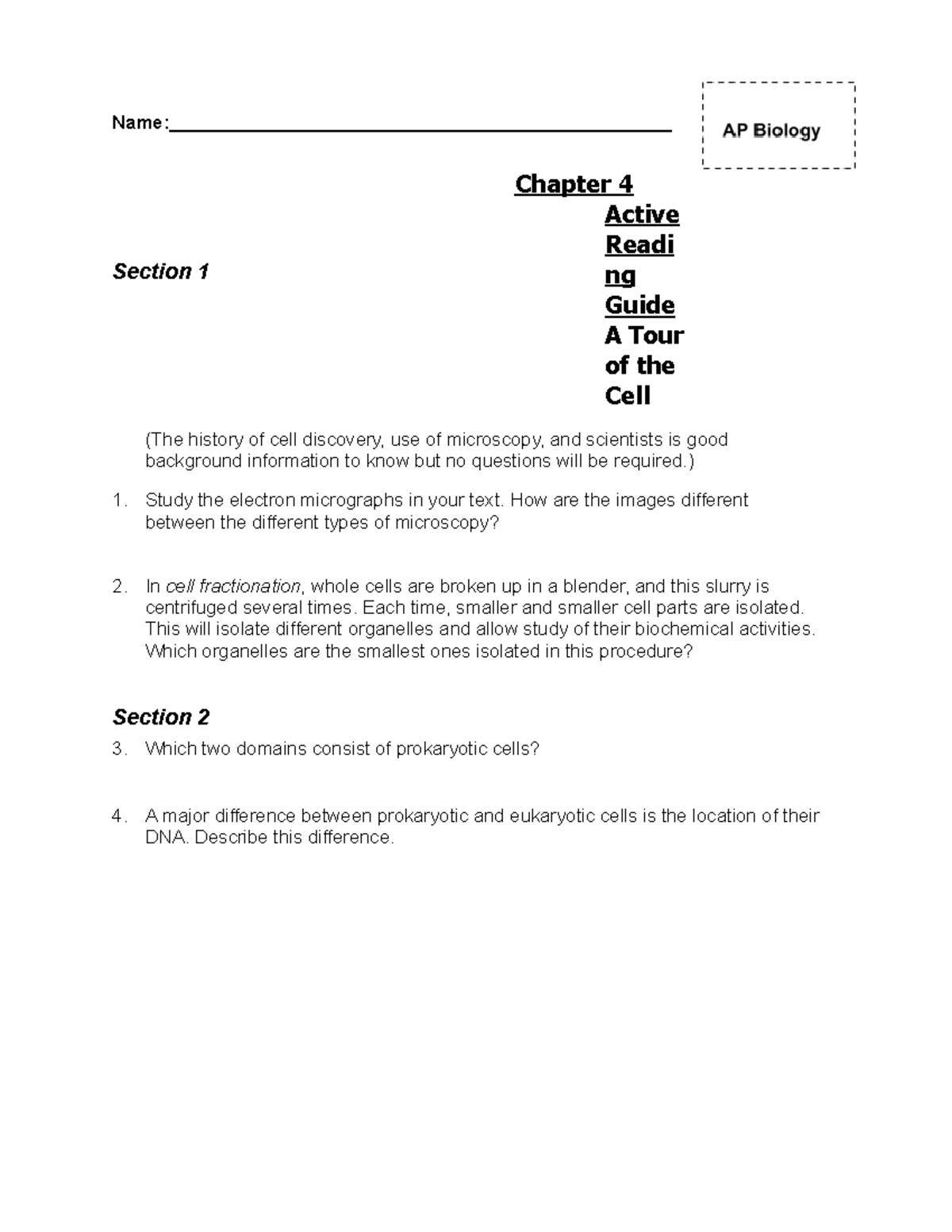 AP Biology Chapter 4 Active Reading Guide: A Tour of the Cell - Studocu