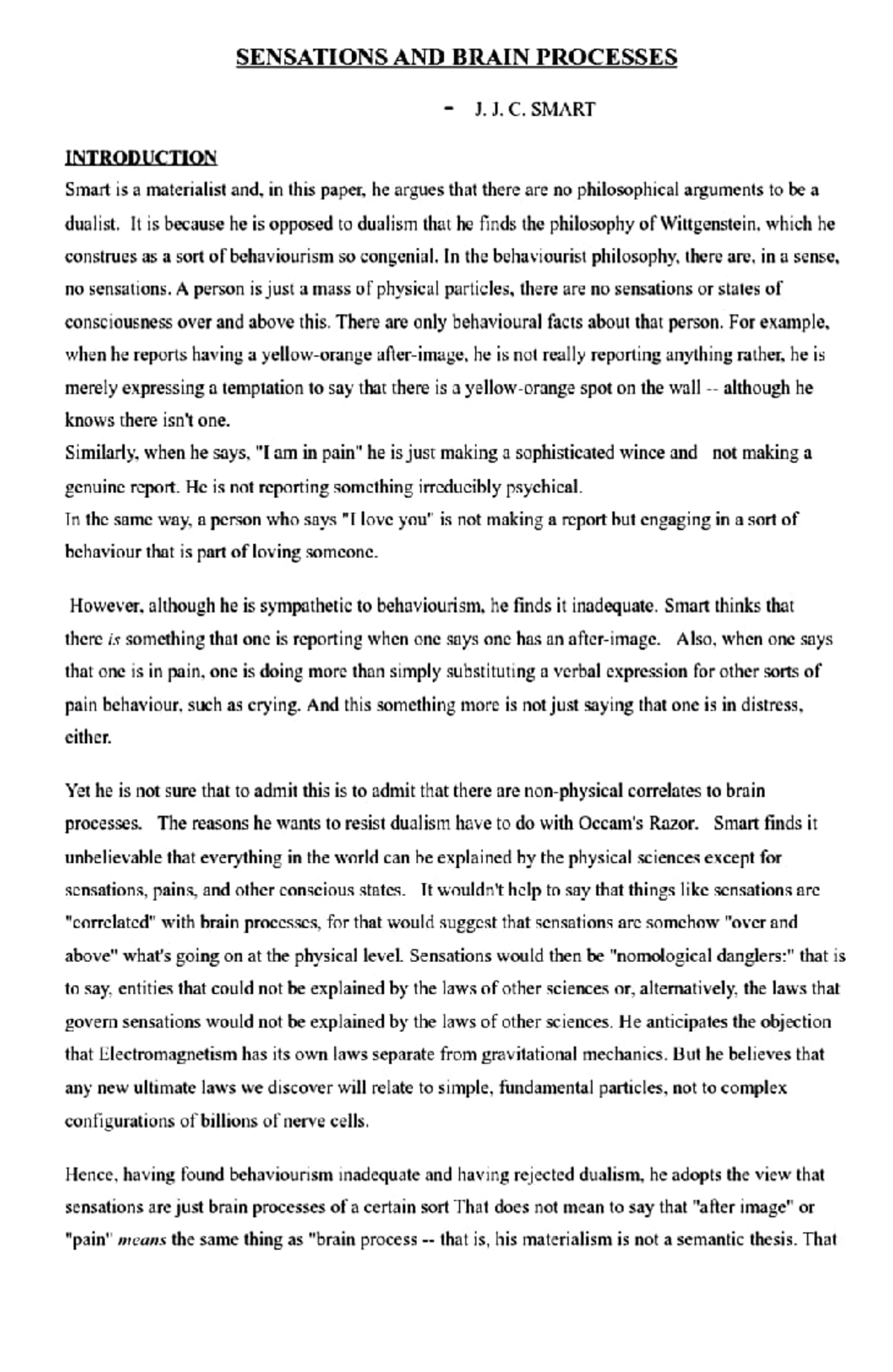 Unit 2 JJC Smart - Summary - SENSATIONSAND BRAIN PROCESSES J.J. SMART ...