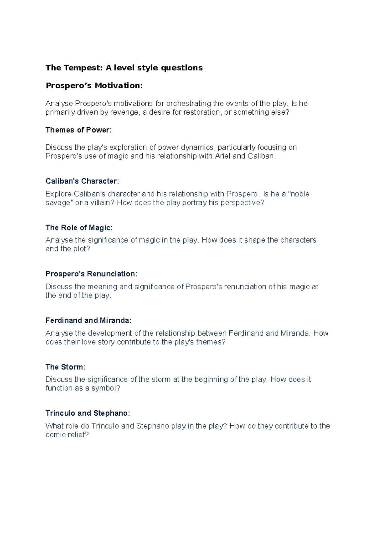 The Tempest: A Level Practice Questions & Analysis - Studocu
