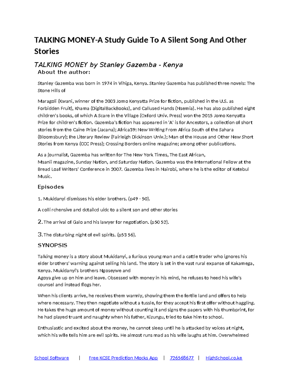 Study Guide: TALKING MONEY (Stanley Gazemba) - Themes & Analysis - Studocu