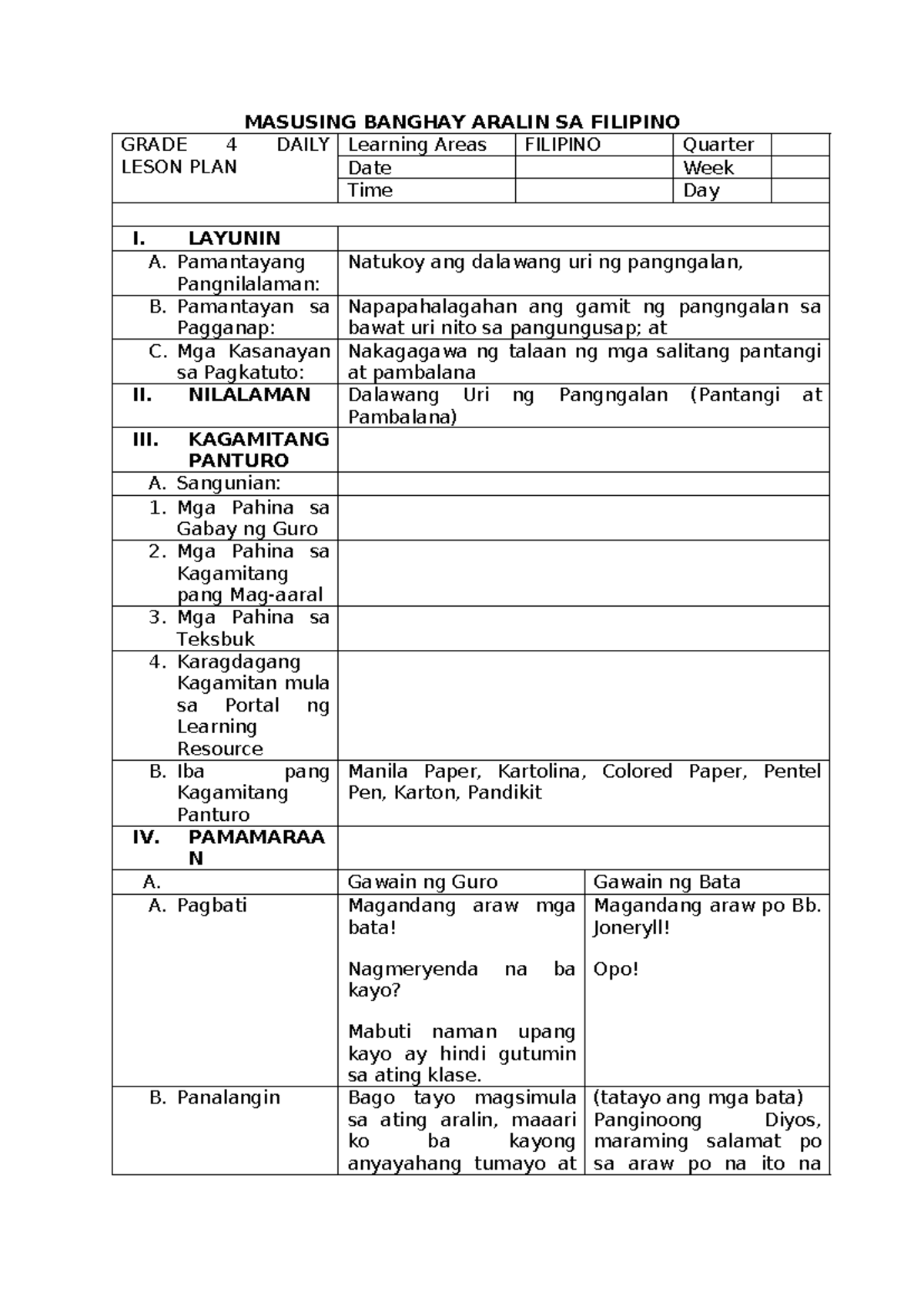 Masusing Banghay Aralin sa Filipino (Grade 4 Lesson Plan) - Studocu