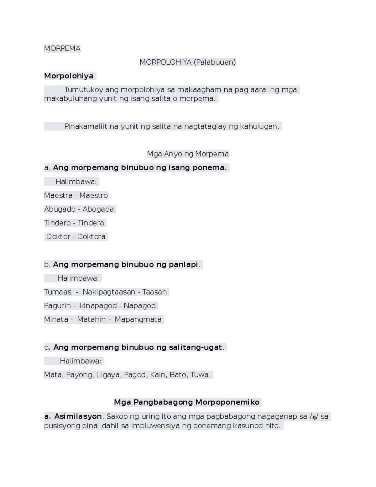 Mid- Morpema - reviewer - MORPEMA MORPOLOHIYA (Palabuuan) Morpolohiya ...