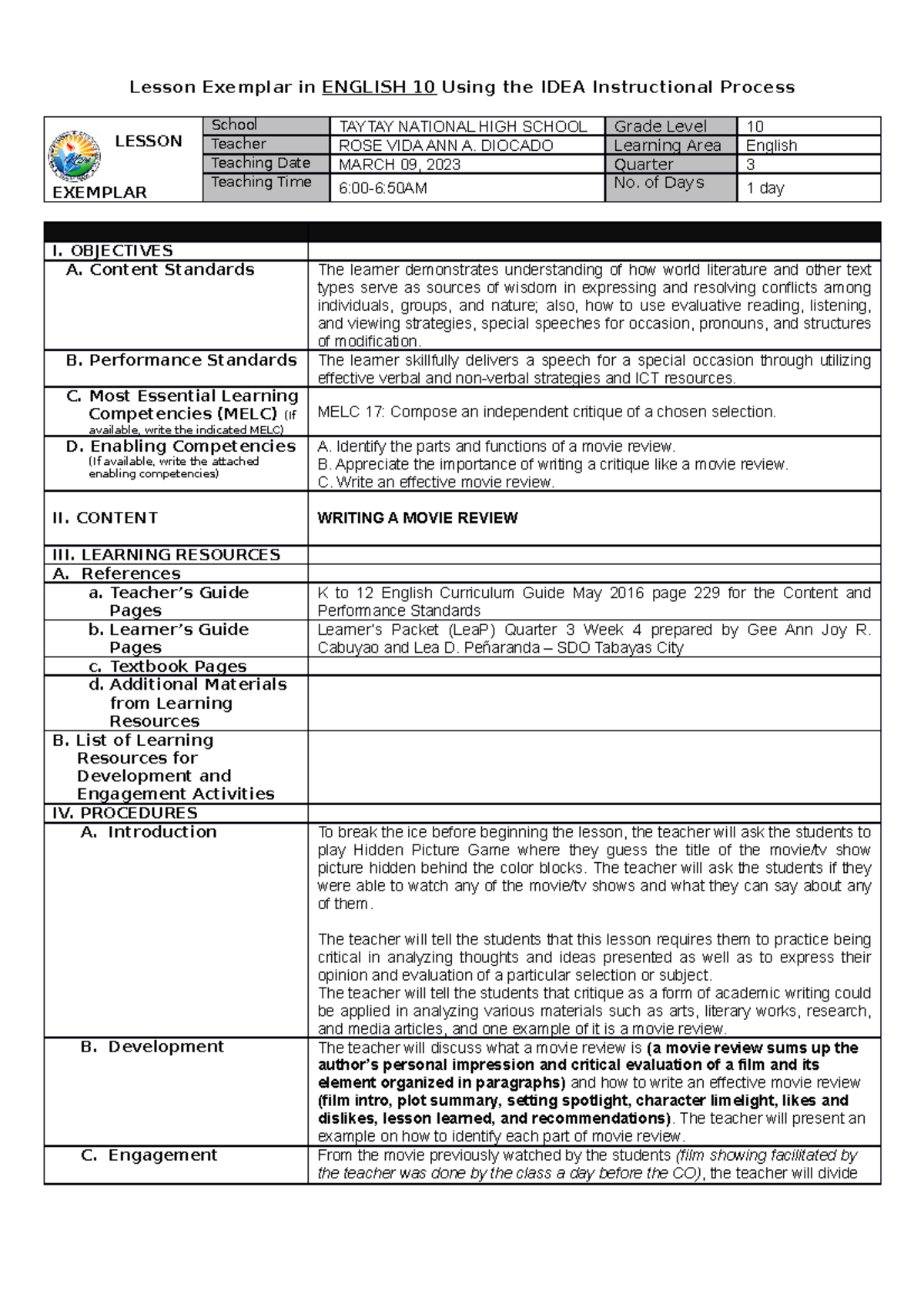 Lesson Exemplar Template - Lesson Exemplar in ENGLISH 10 Using the IDEA ...