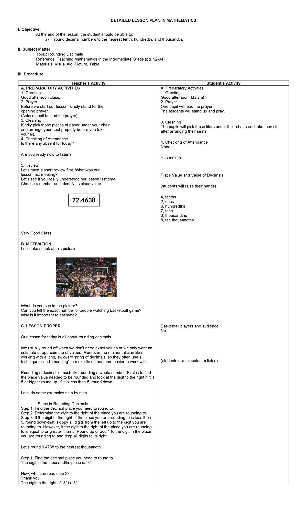 C4L4 - Detailed Lesson Plan on Rounding Decimals in Math - Studocu
