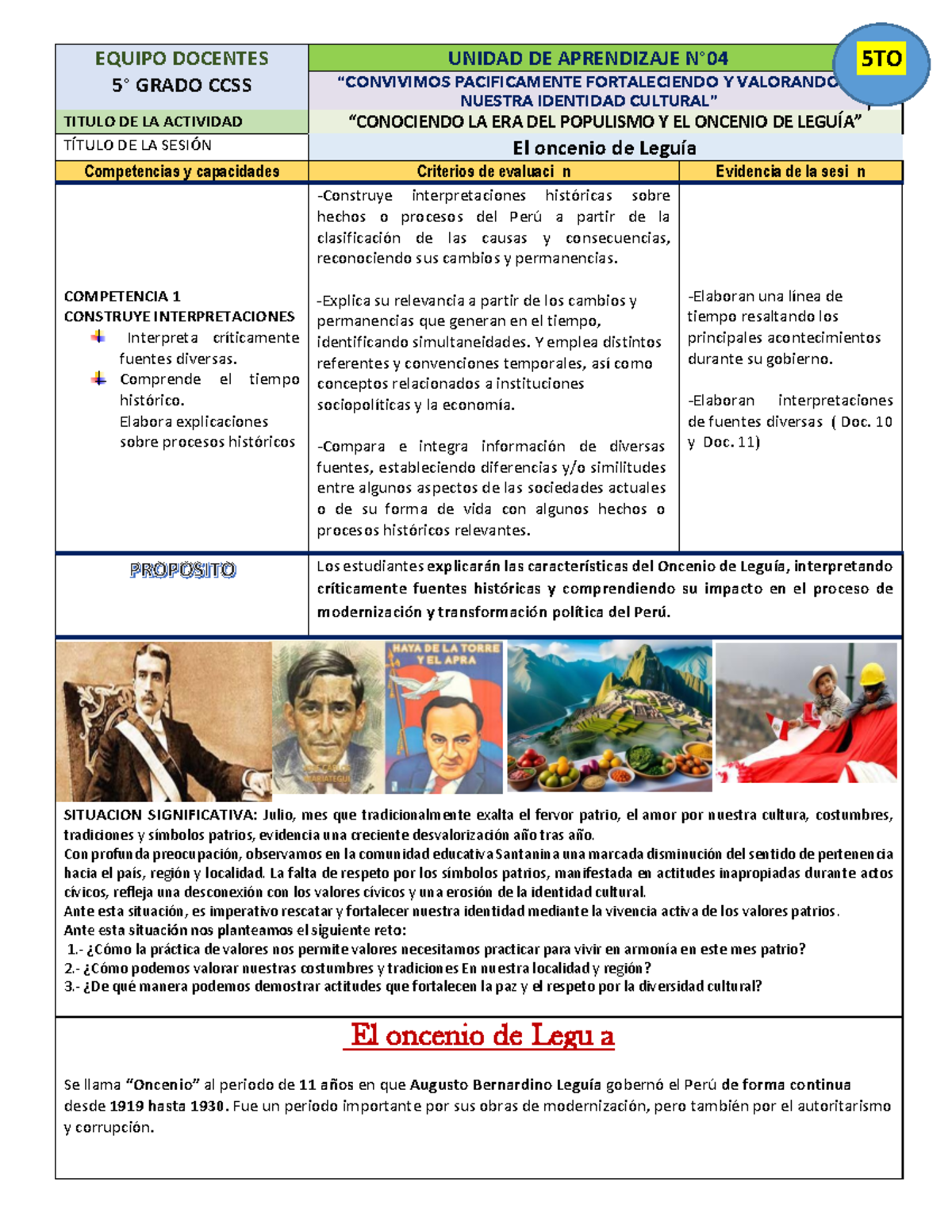 Ficha de Aprendizaje N° 14 - 5TO Grado - CCSS: Oncenio de Leguía y su Impacto - Studocu