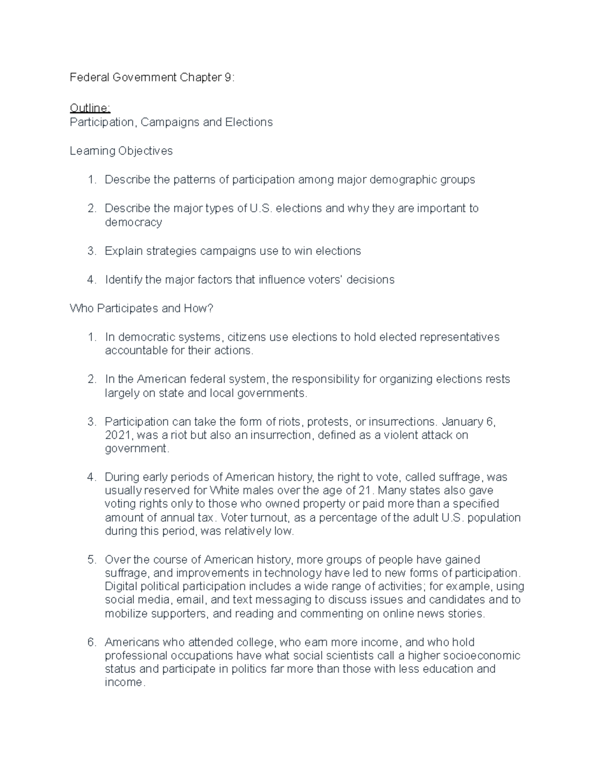 Federal Government Chapter 9: Elections, Campaigns, and Participation ...