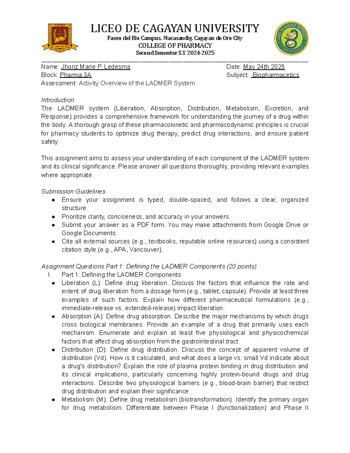 Biopharm 1 - Overview of the LADMER System for Pharmacy Students - Studocu