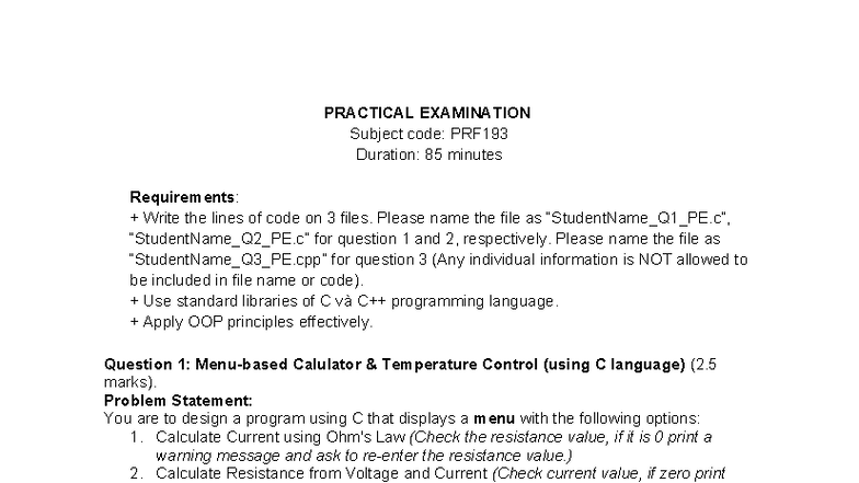 PE PRF193 SU25 Tin TT - npn. - PRACTICAL EXAMINATION Subject code: PRF ...