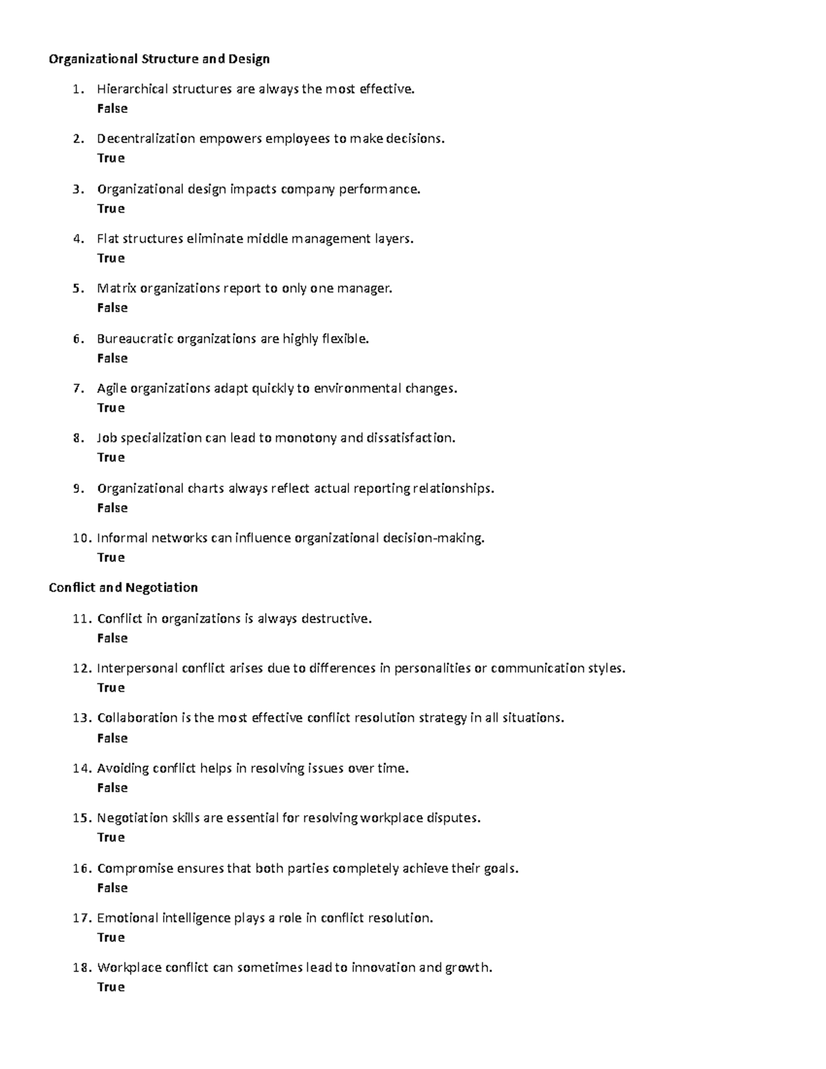 Organizational Structure & Design Quiz: Key Concepts & True/False - Studocu