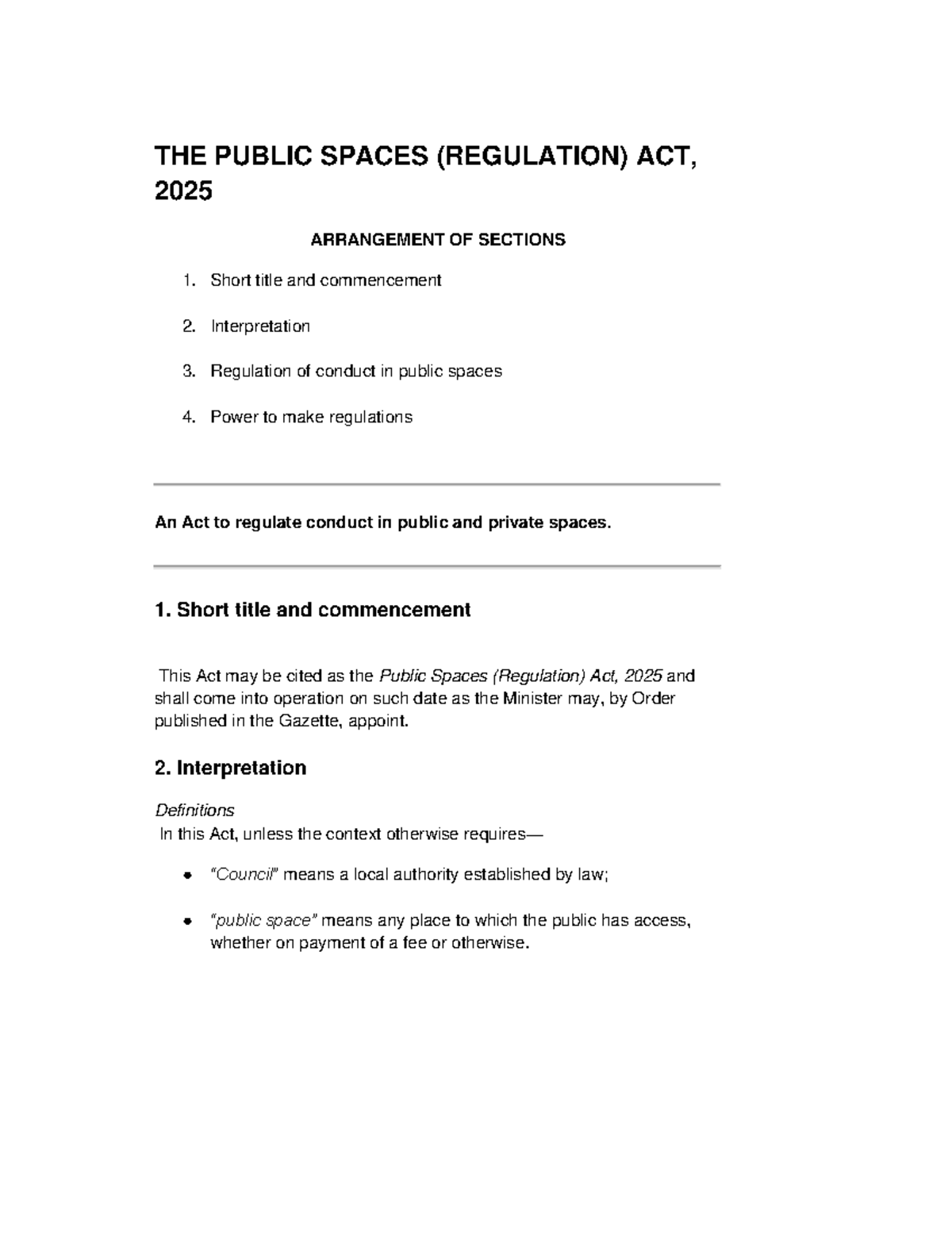 Public Spaces (Regulation) Act, 2025: Mock Statute Guide - Studocu