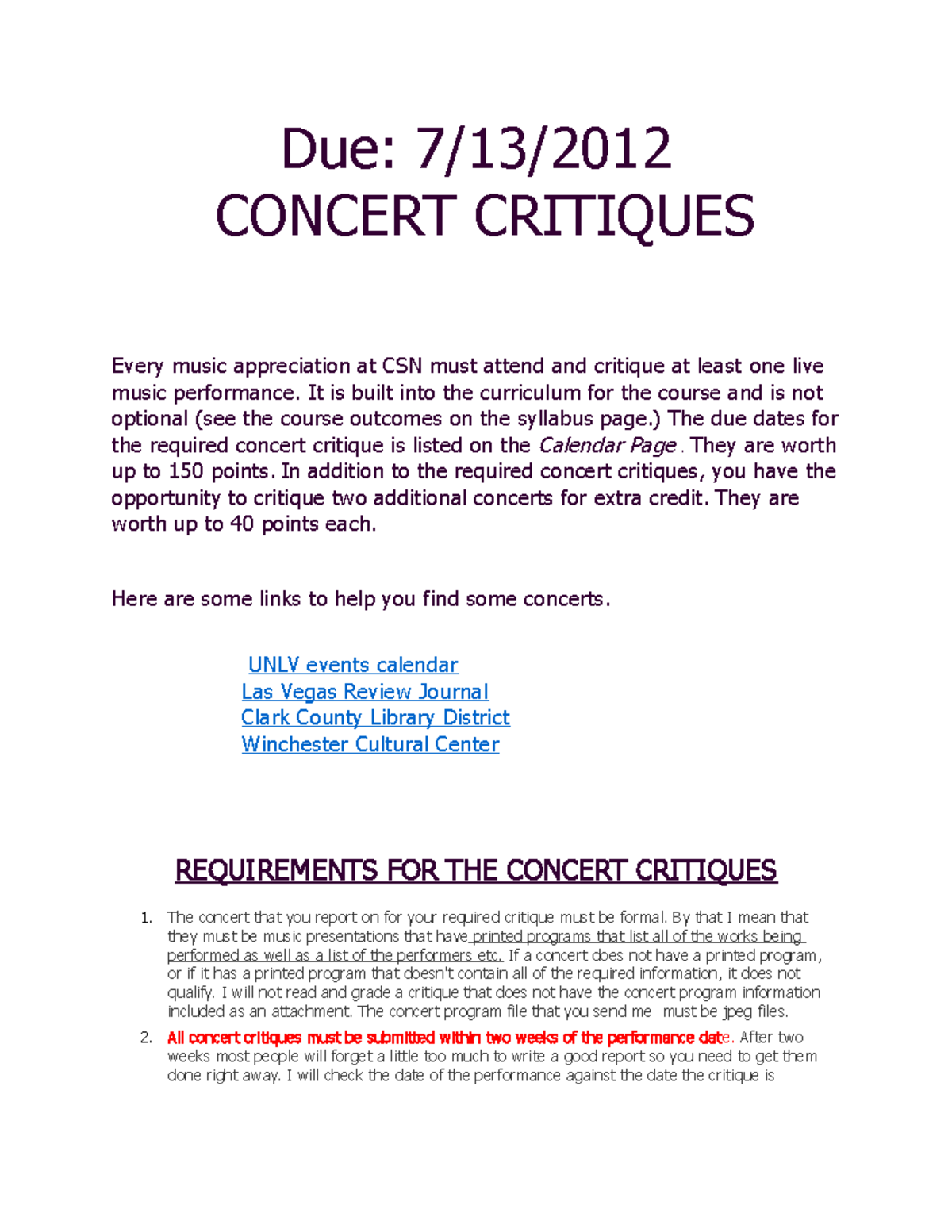 CSN Music Appreciation Concert Critique Assignment Guidelines - Studocu